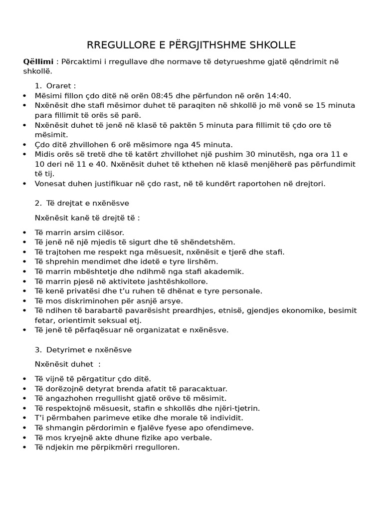 Rregullore e Përgjithshme Shkolle | PDF