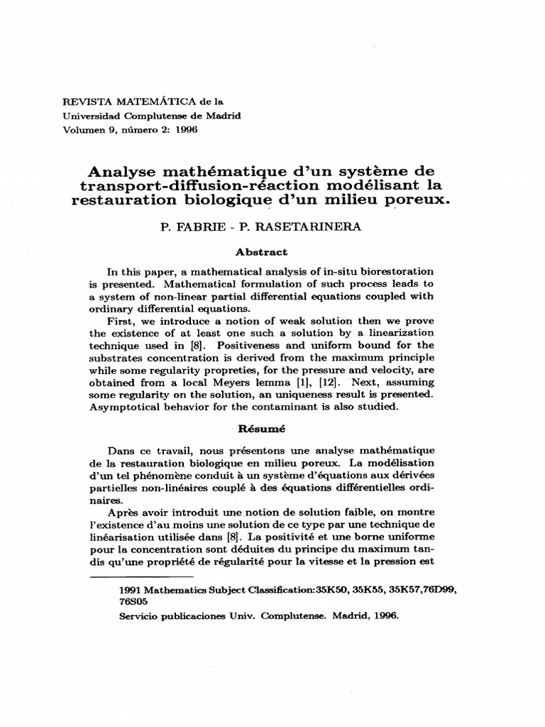 Analyse Mathematique D'un Syst de Transport React-Diff | PDF
