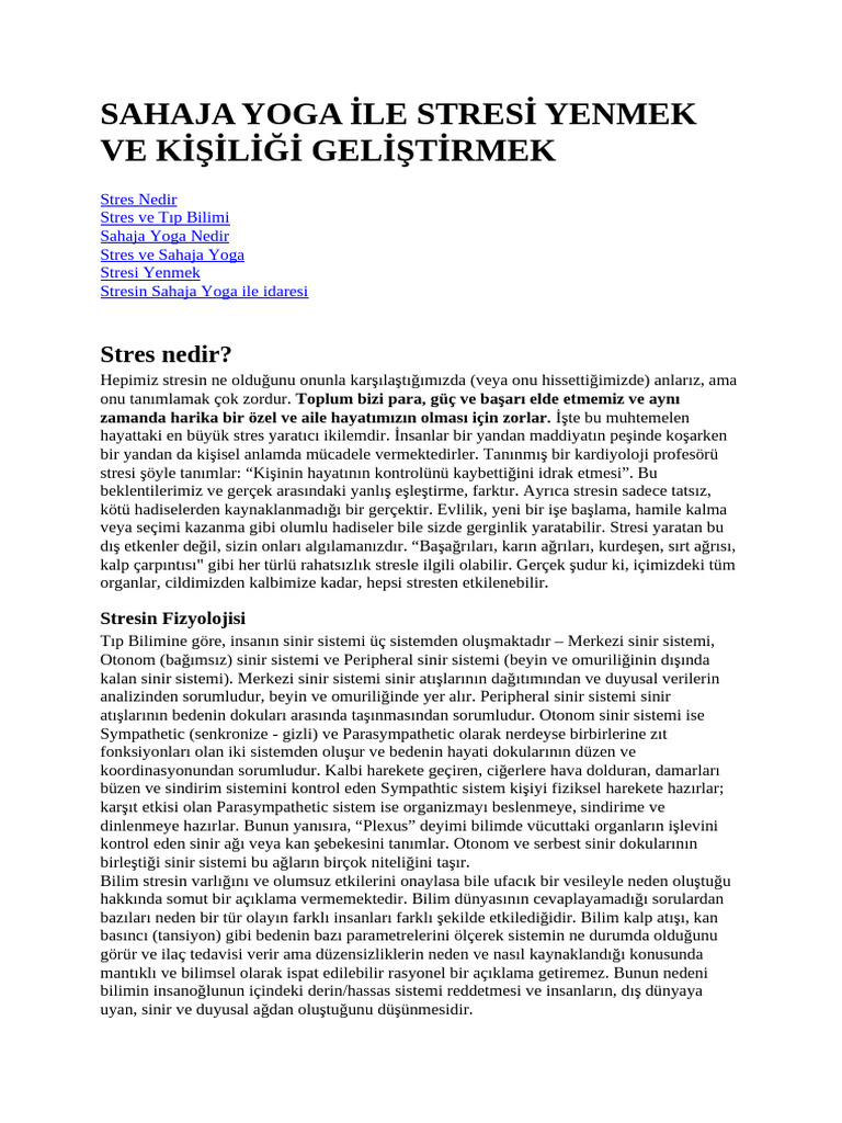 SAHAJA YOGA İLE STRESİ YENMEK VE KİŞİLİĞİ GELİŞTİRMEK | PDF