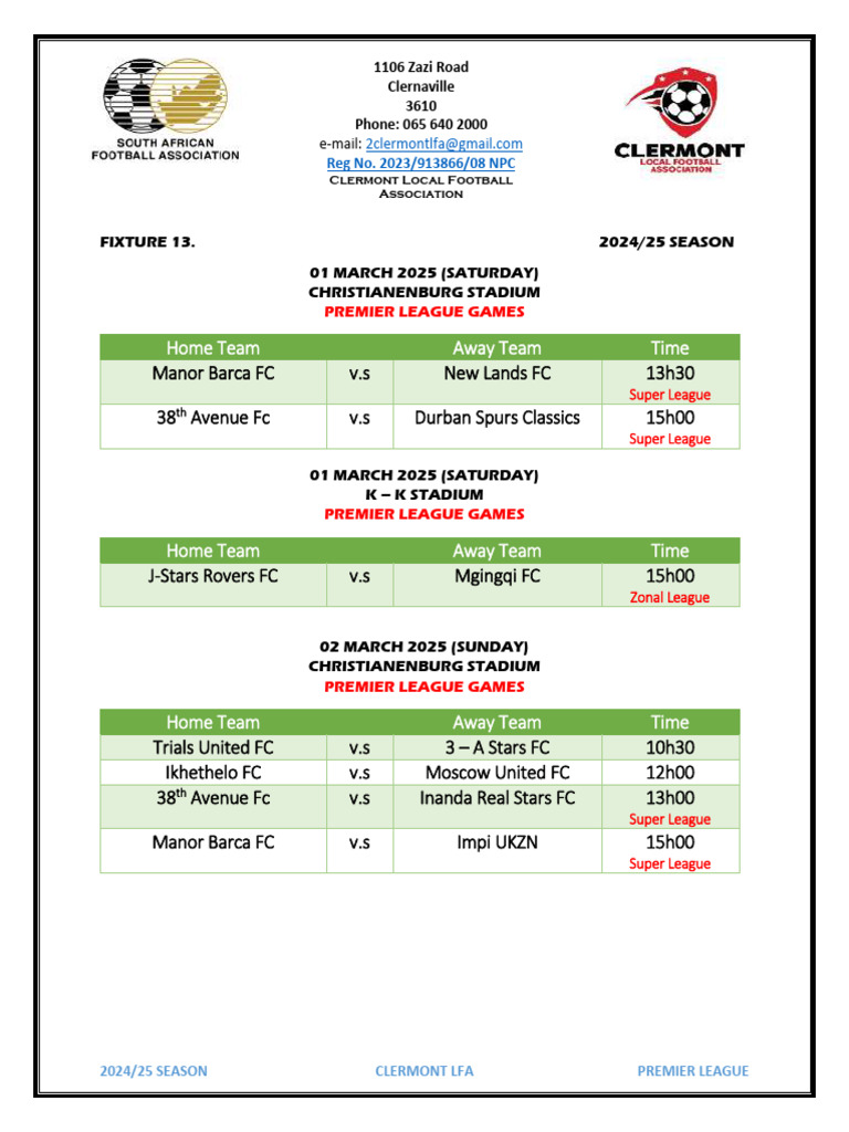 Clermont LFA Match Schedule | PDF | National Association Football ...