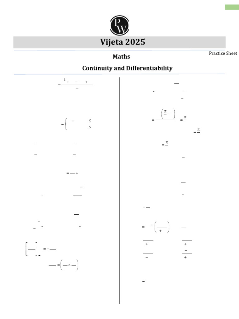 Continuity and Differentiability - Practice Sheet - Vijeta 2025 | PDF | Factorization ...