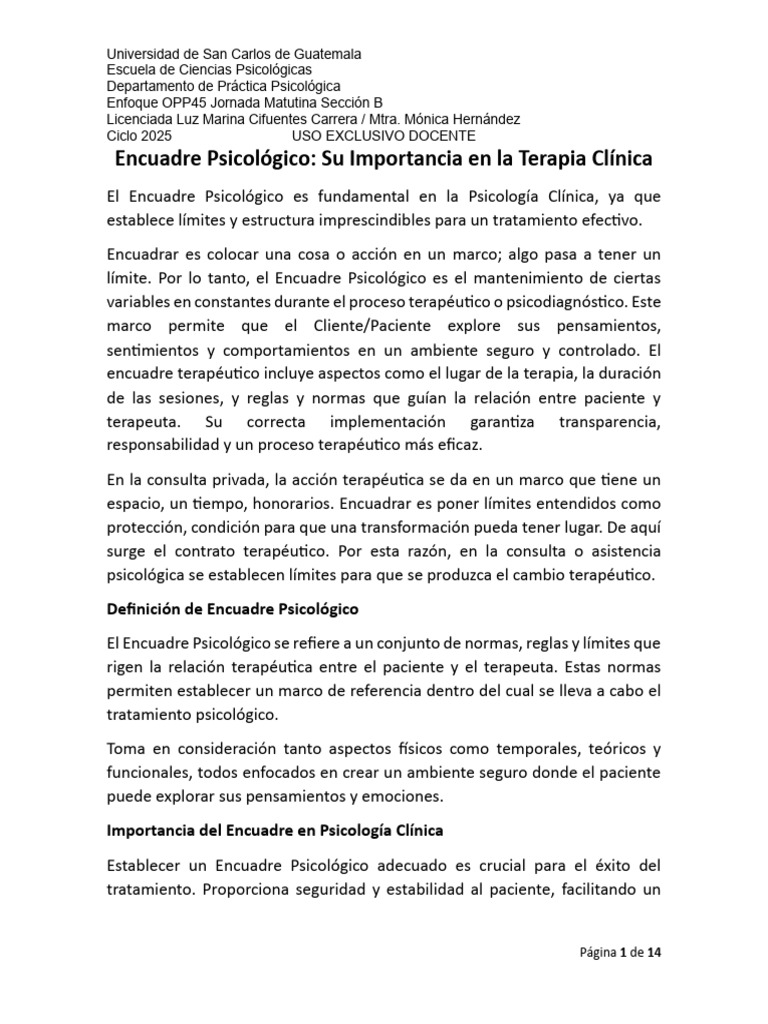 Importancia del Encuadre Terapéutico | PDF | Sicología | Psicoterapia