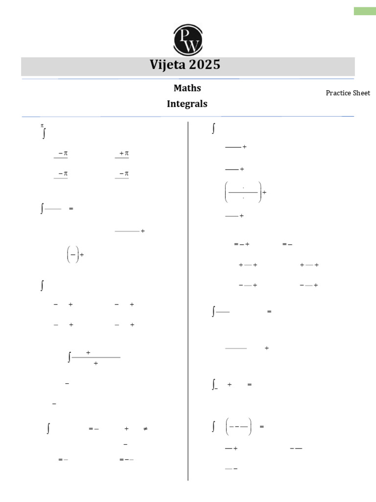 Integrals Practice Sheet Vijeta 2025 Pdf