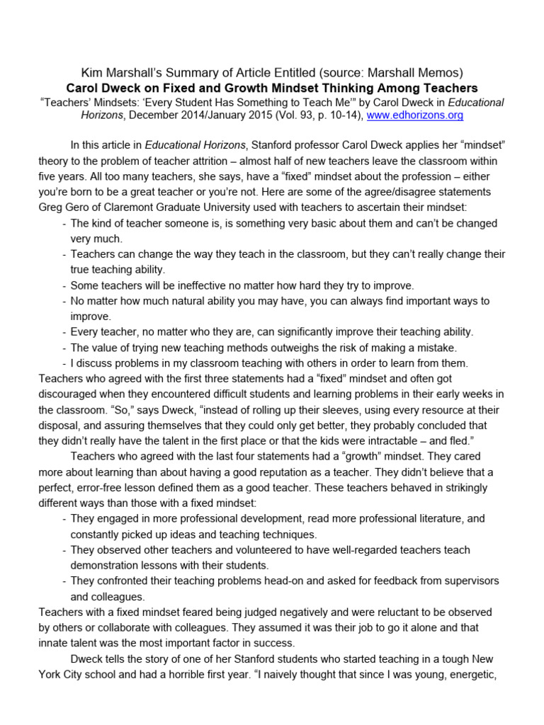 Carol Dweck On Teachers Mind Set Dec 2014 | PDF | Mindset | Teachers