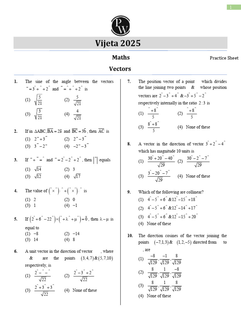 Vectors Practice Sheet Vijeta 2025 Pdf Euclidean Vector Classical Geometry