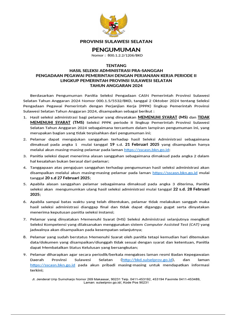 Pengumuman Seleksi Administrasi PPPK 2024-Pra Sanggah (TAHAP II) | PDF