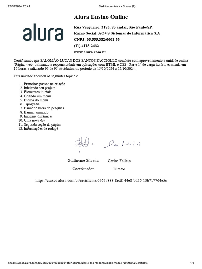 Certificado de Conclusão em HTML e CSS | PDF