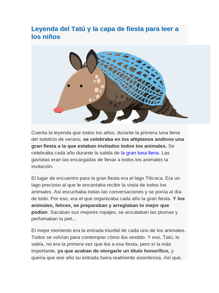 Leyenda Del Tatú y La Capa de Fiesta para Leer A Los Niños | PDF