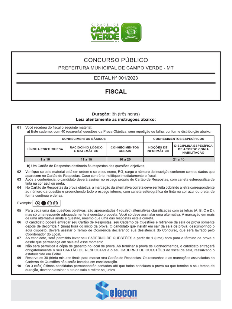 Selecon 2023 Prefeitura de Campo Verde Mt Fiscal Prova | PDF | Singularidade tecnológica | Science