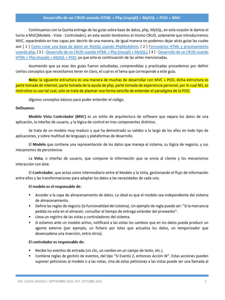 5 - Desarrollo de Un CRUD Usando HTML+PHP (Mysqli) +mysql+POO+MVC | PDF | Modelo – Vista ...