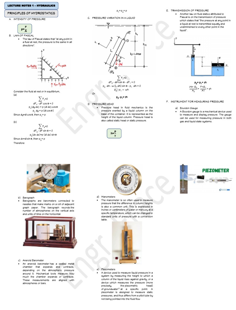 Hydraulics Lecture Notes 1 - Principles of Hydrostatic | PDF | Pressure ...