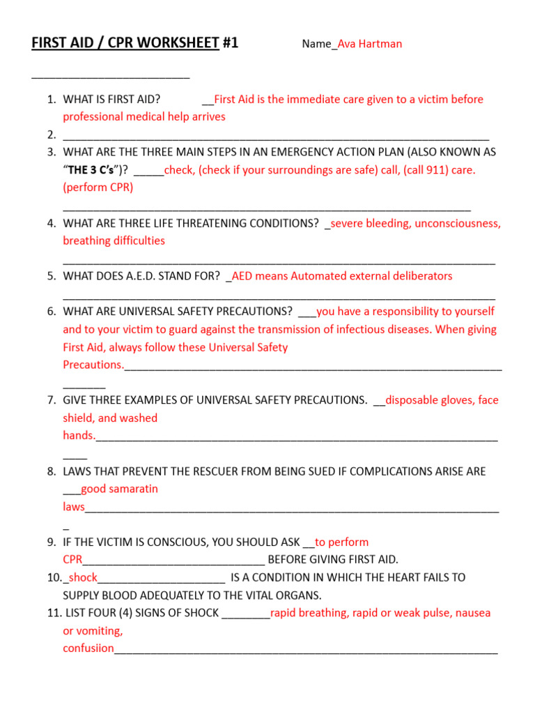 Copy of Copy of FIRST AID_CPR WORKSHEET #1.docx | PDF | Cardiopulmonary ...