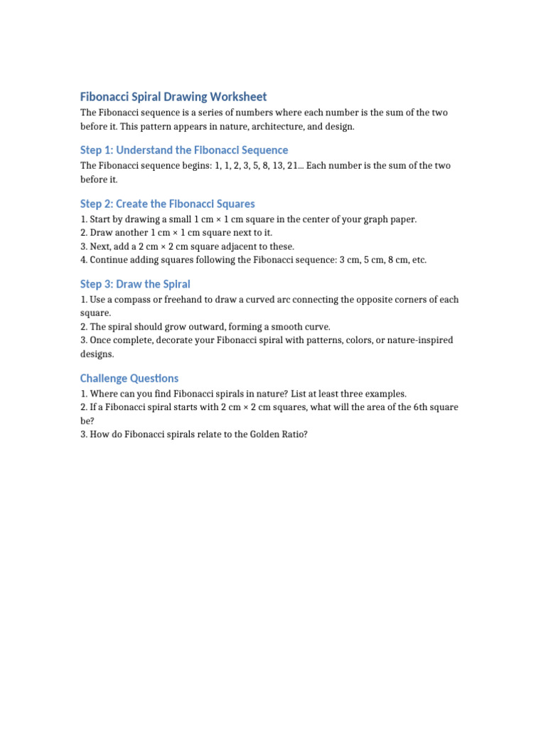 Fibonacci Spiral Worksheet | PDF