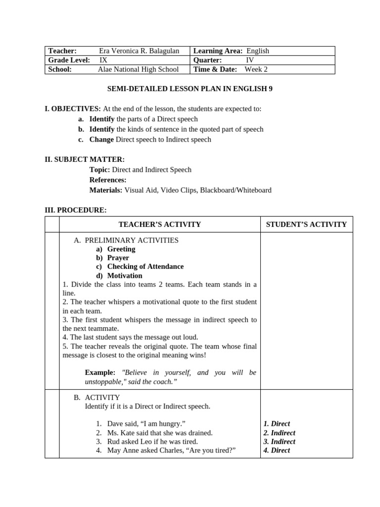 Lesson Plan 9 - Direct & Indirect Speech | PDF | Question | Semantics