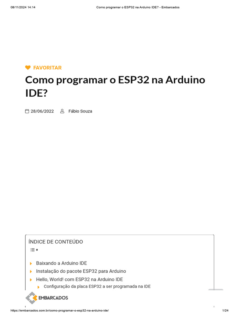 Como Programar O Esp32 Na Arduino Ide Embarcados Pdf Arduino 