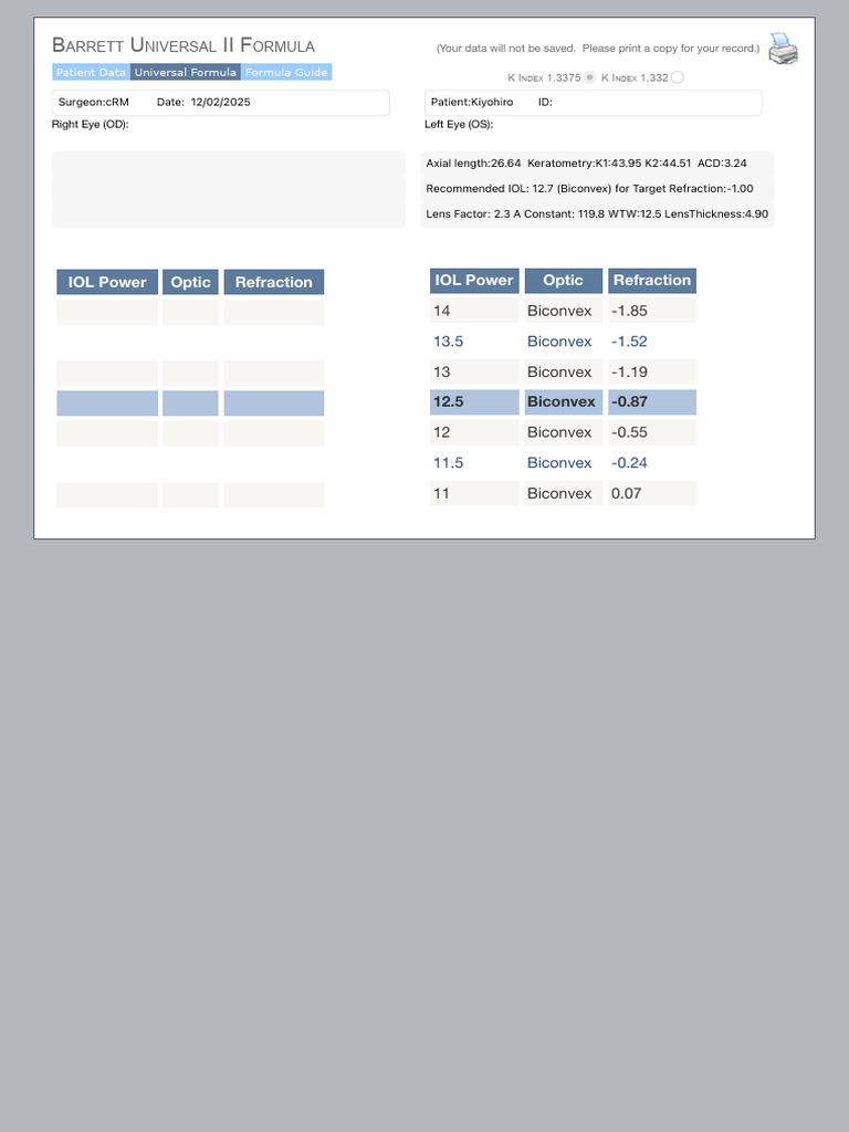 Barrett Universal II IOL Calculation | PDF