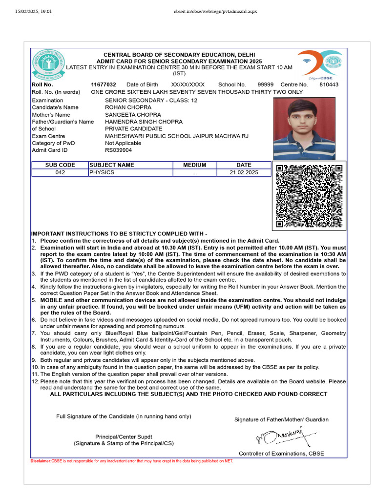 Cbseit - in Cbse Web Regn Pvtadmcard - Aspx | PDF