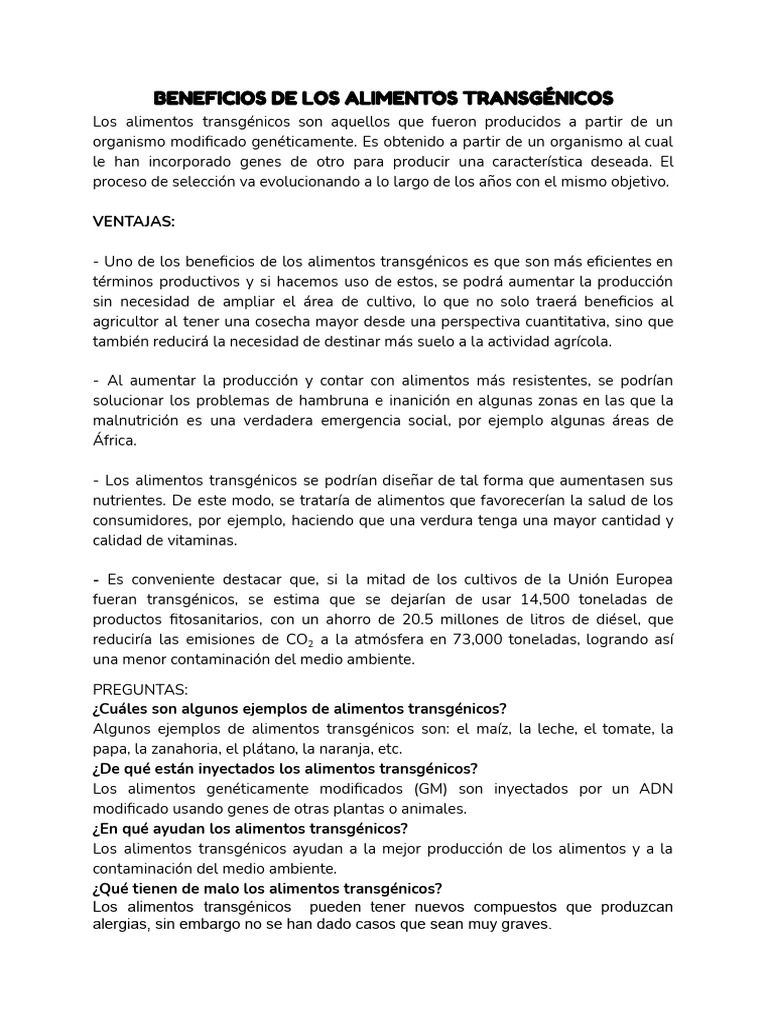 Ventajas de los Alimentos Transgénicos | PDF