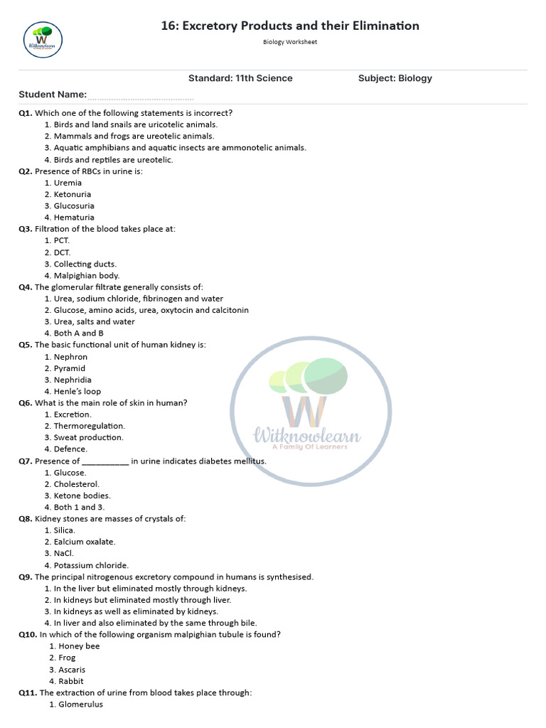 Excretory Products and Their Elimination Class 11 100 Questions | PDF ...