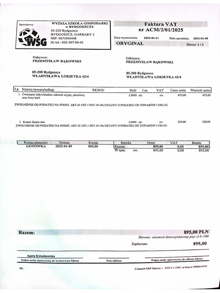 Faktura Za Rehabilitację Od ACM 2025 Rok Luty | PDF