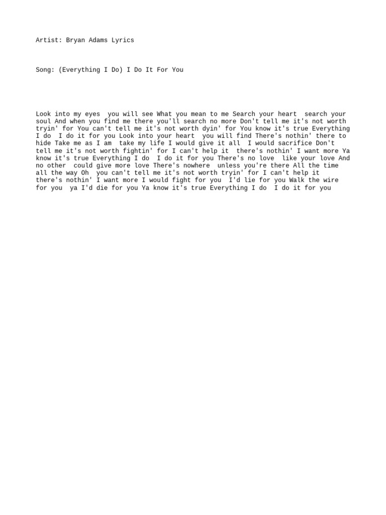 Bryan Adams - (Everything I Do) Lyrics | PDF
