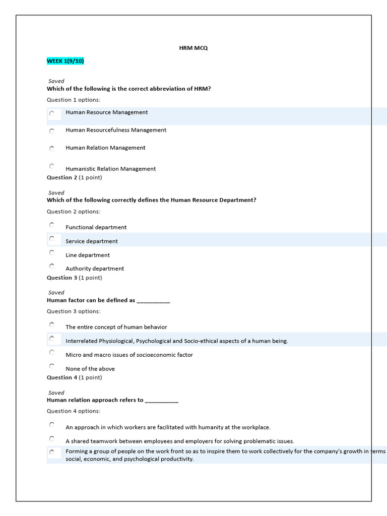 HRM Multiple Choice Questions Overview | PDF | Human Resources | Human ...