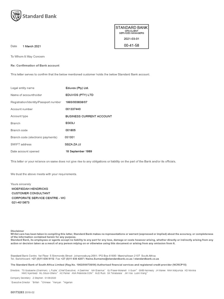Eduvos Business Current Account Details | PDF
