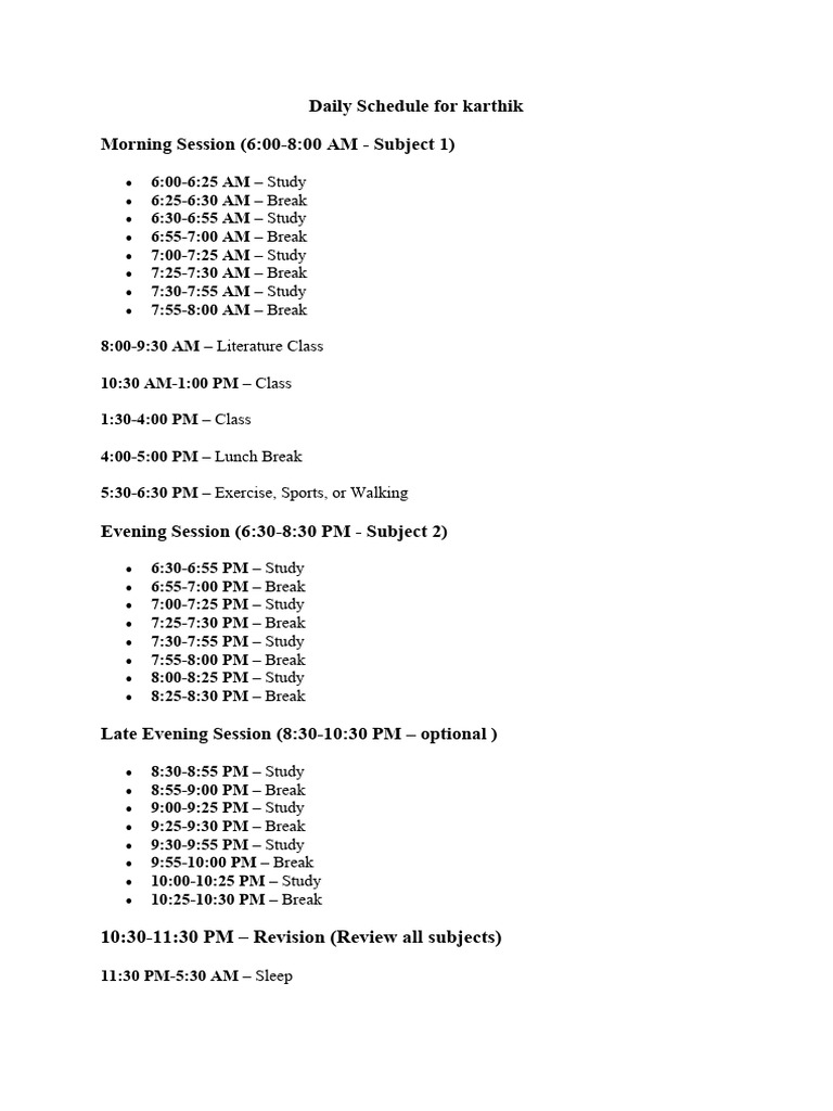 Karthik's Daily Study Schedule | PDF