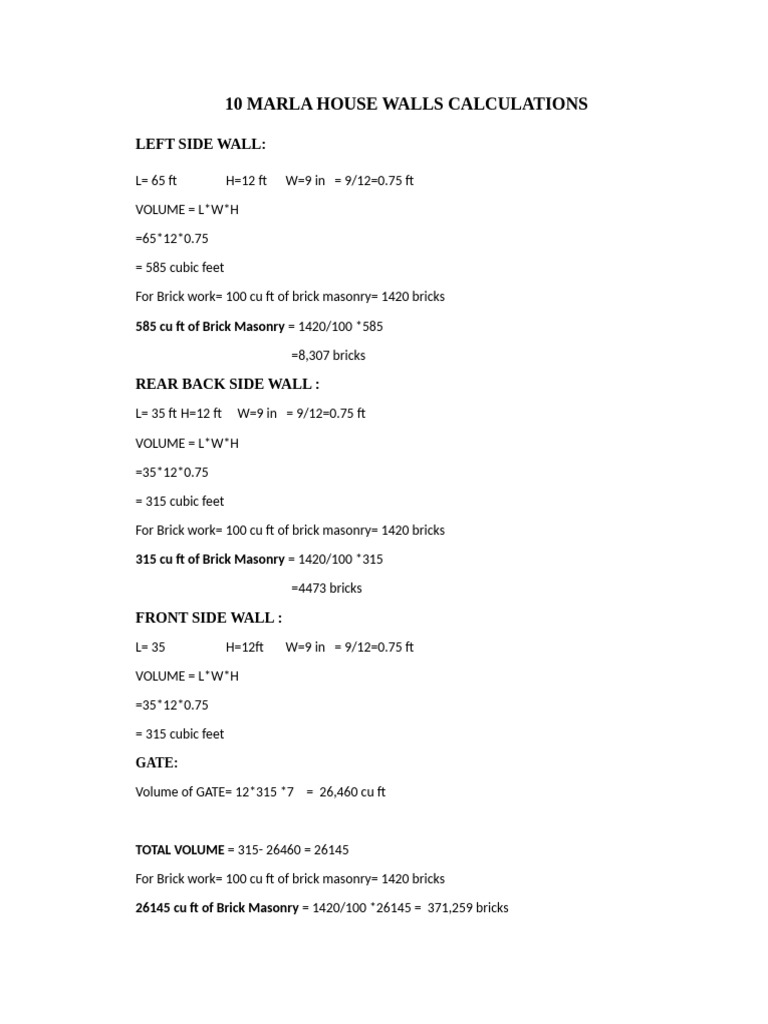 10 Marla House Walls Calculations | PDF