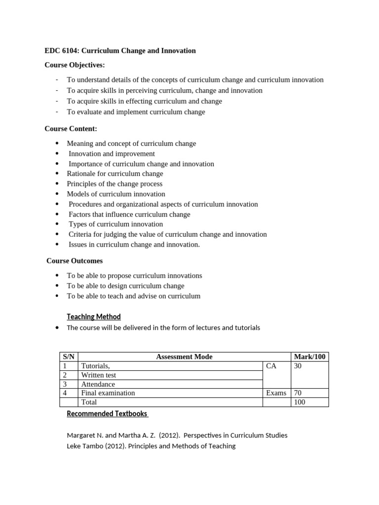 Curriculum Change & Innovation Course | PDF