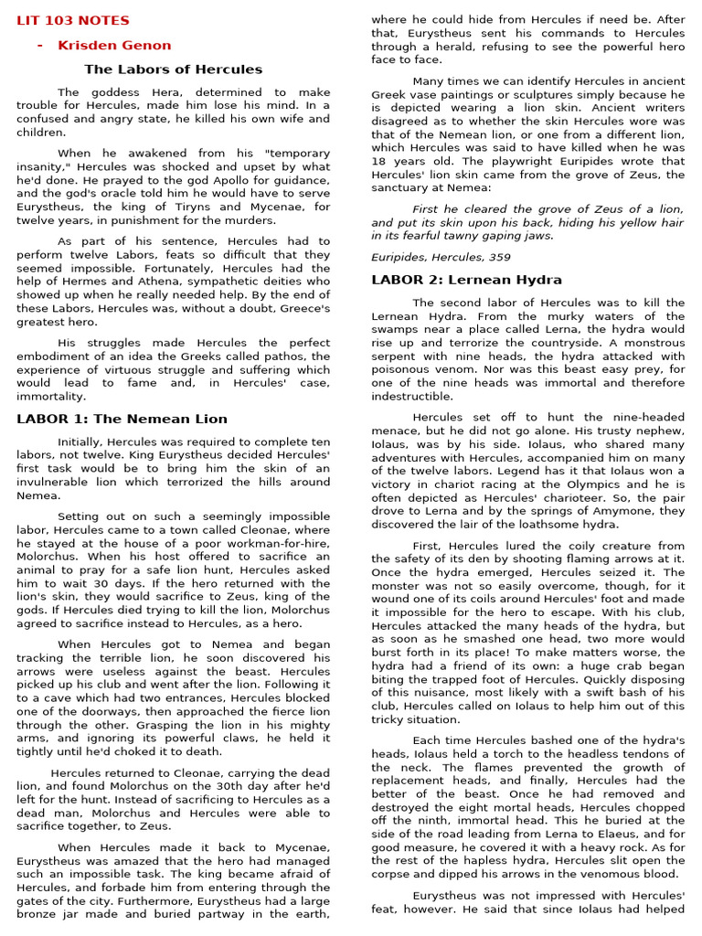 The Twelve Labors of Hercules Explained | PDF | Hades | Greek Mythology