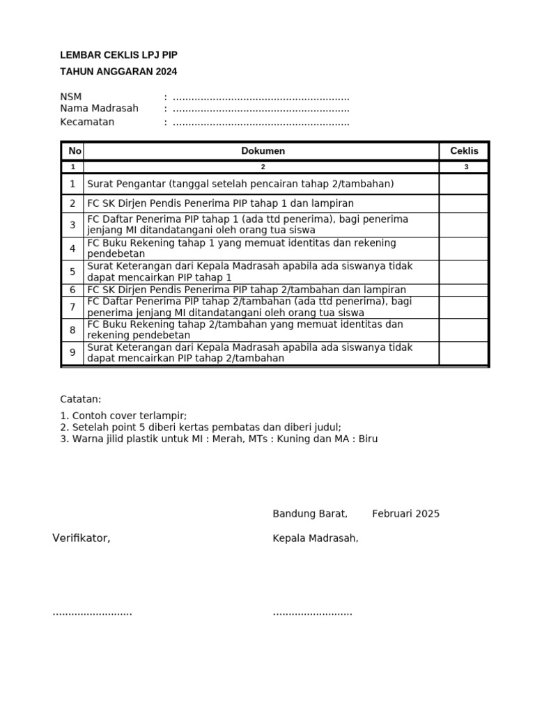 Ceklis LPJ PIP 2024 untuk Madrasah | PDF