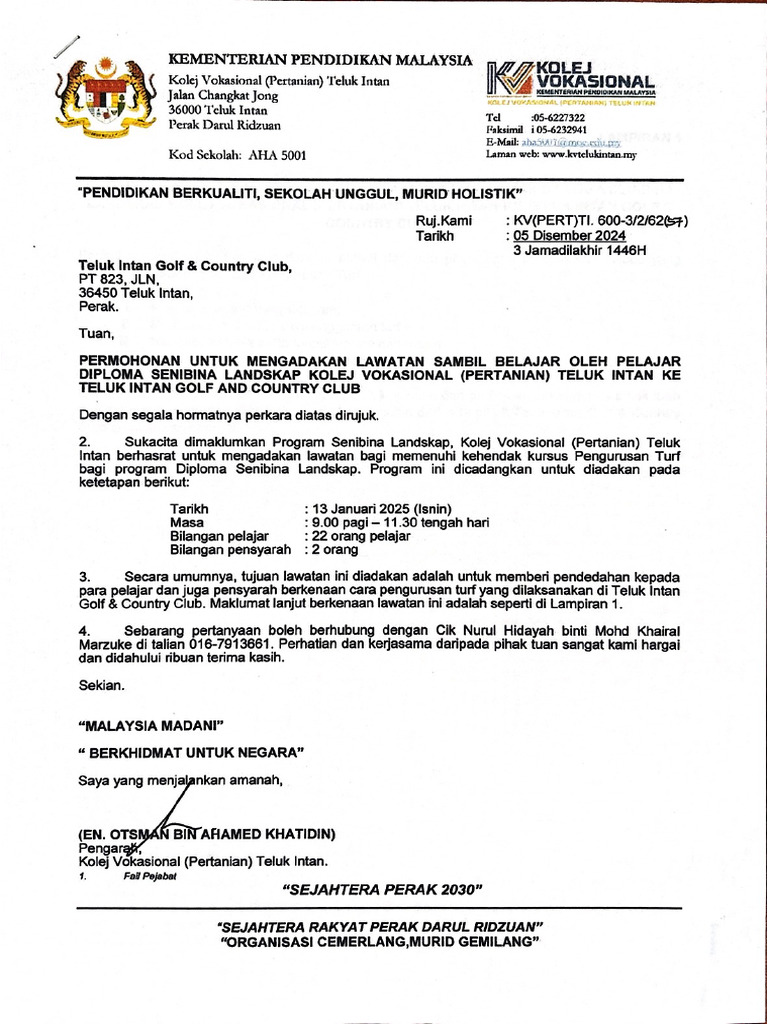 Permohonan Lawatan Landskap Kvti | PDF