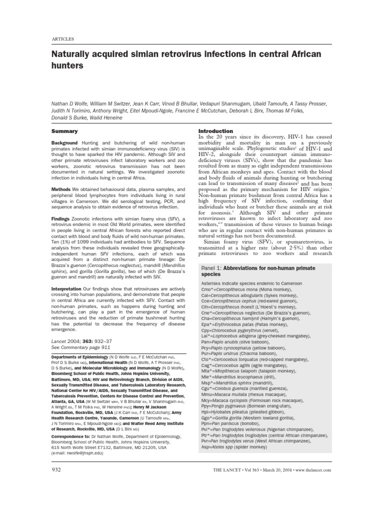 Naturally Acquired Simian Retrovirus Infections in Central African ...