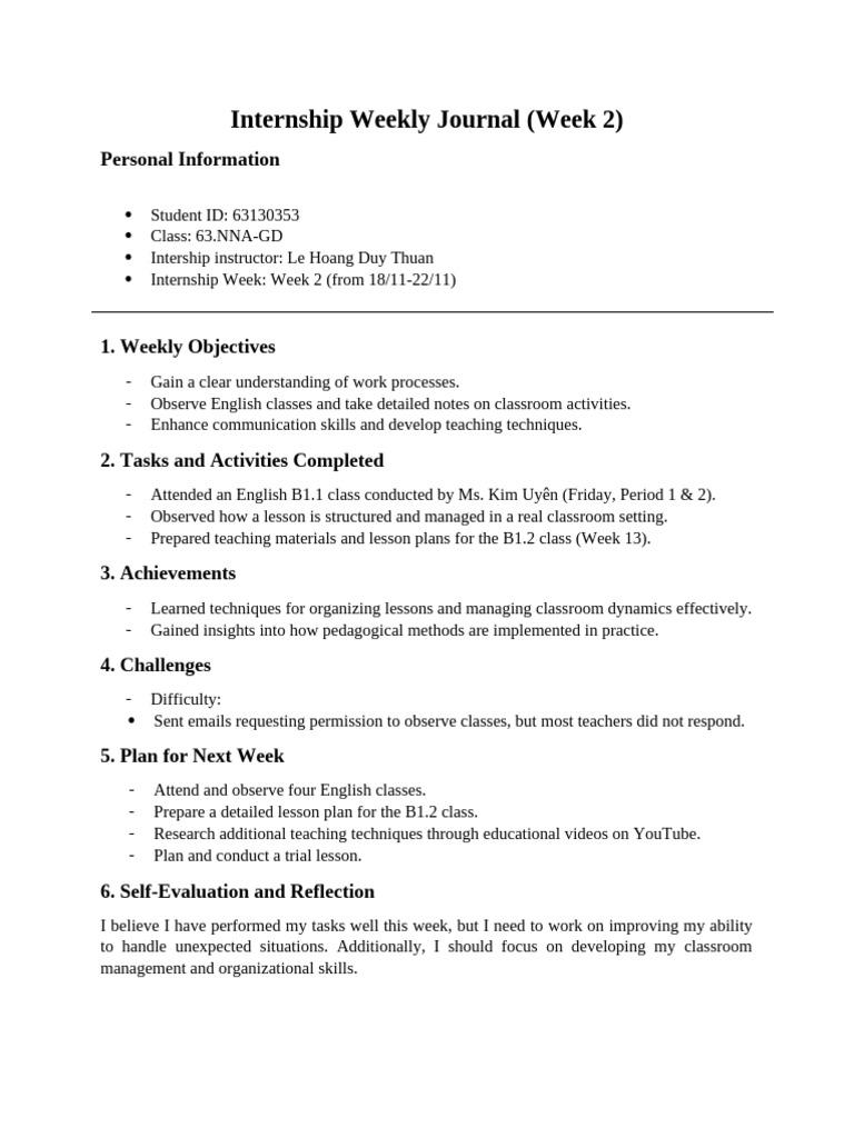 Week 2 Internship Journal: Teaching Insights | PDF