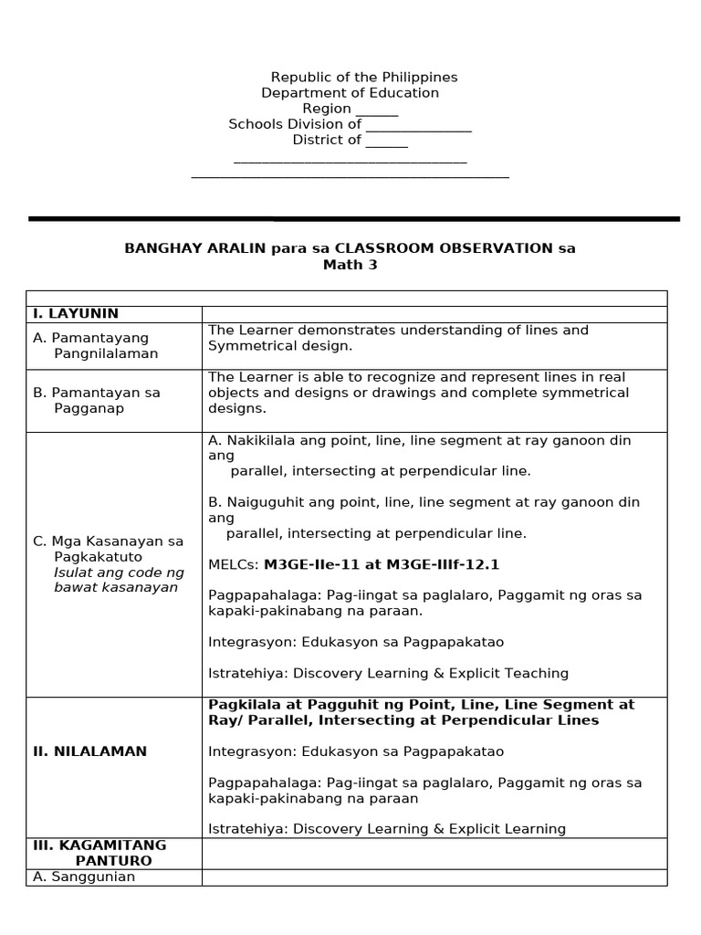 Co Lesson Plan Math 3 Pont, Line, Segment Ray | PDF