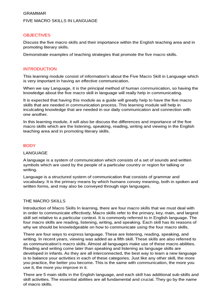 Five Macro Skills in Language | PDF | Communication | English Language