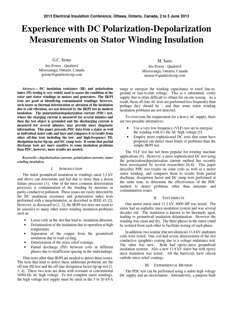 Experience With Dc Polarization Depolarization Measurements On Stator Winding Insulation Pdf