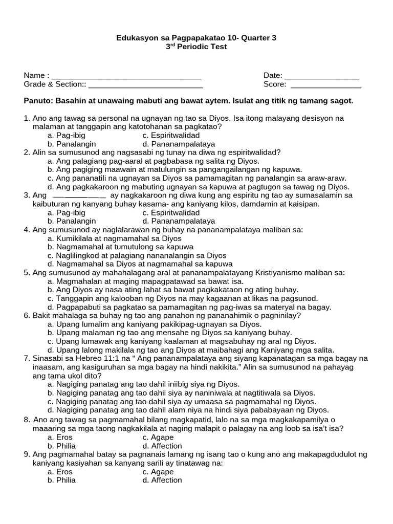 EsP10 Assessment Q3 | PDF