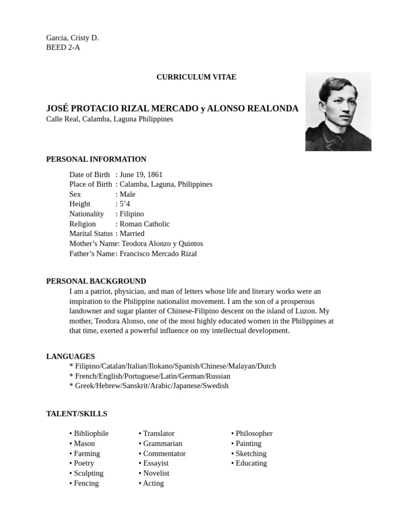 CURRICULUM VITAE of Rizal | PDF | Ophthalmology
