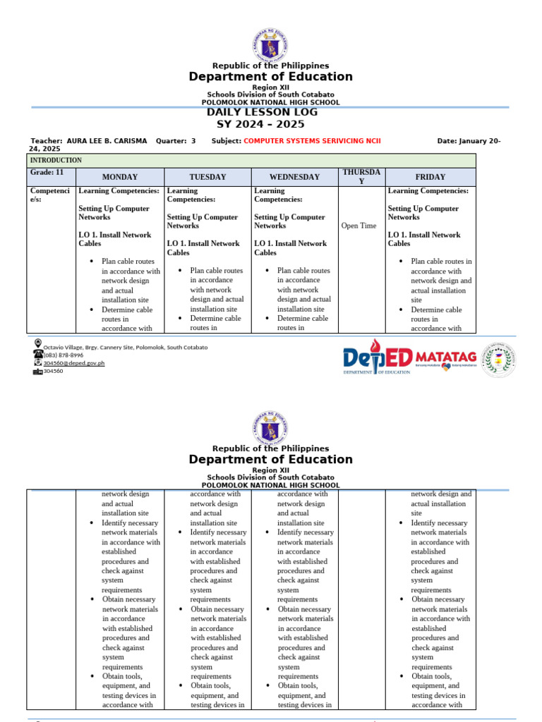 Daily Lesson Log Computer Systems Ncii Pdf Learning Cognition