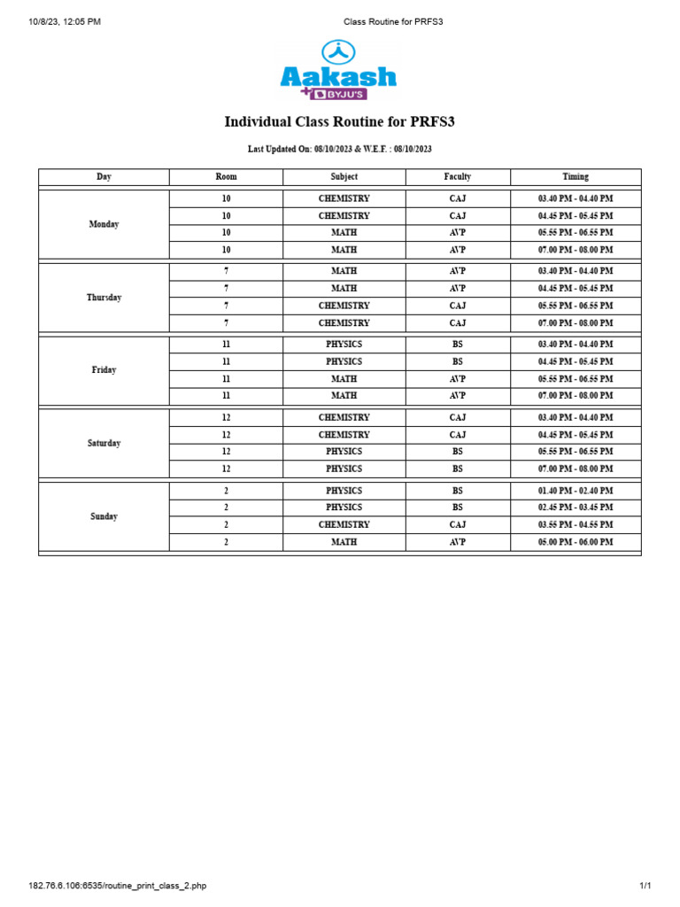 PRFS3 Class Routine Schedule | PDF