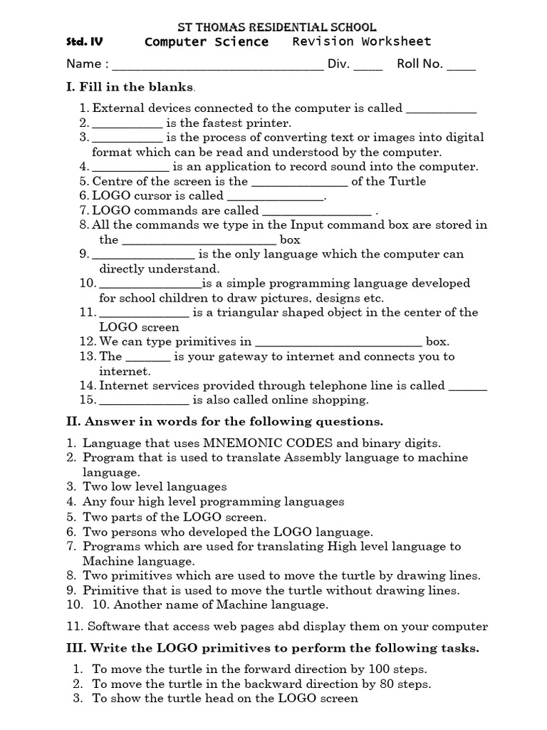 Revision Worksheet - Std. IV - II Semester | PDF | World Wide Web | Internet & Web