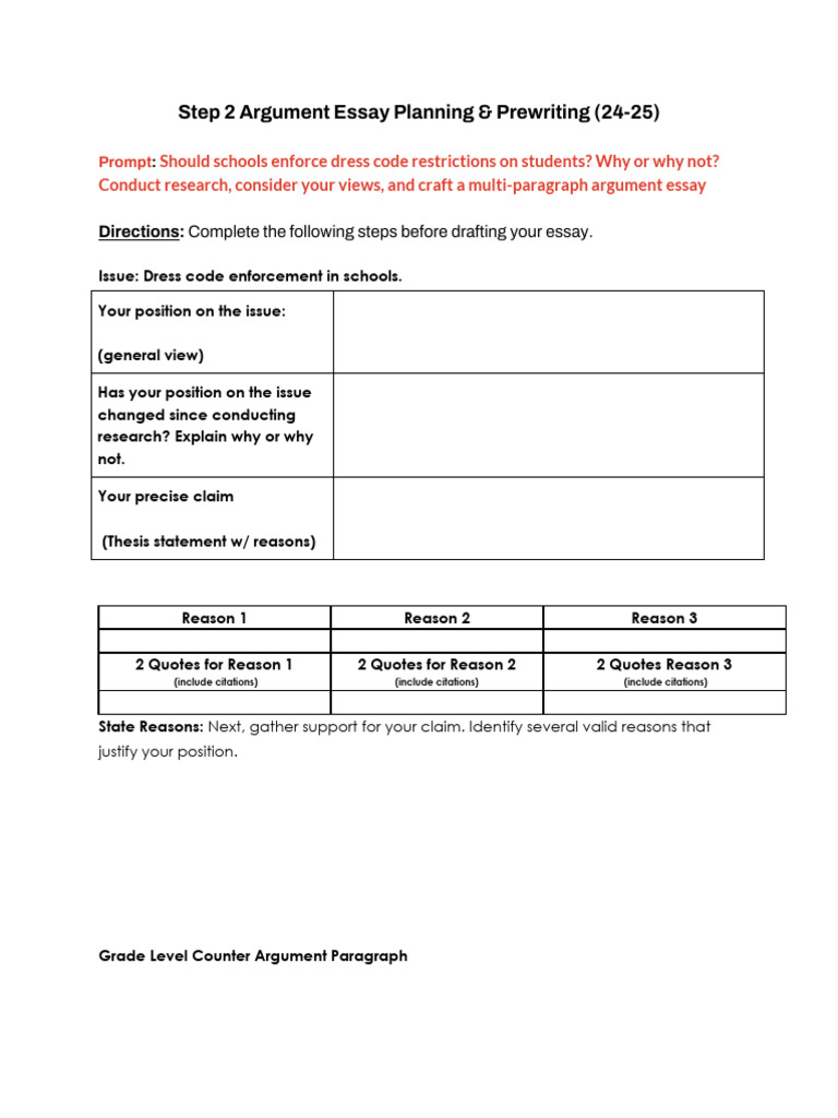 Step 2 Argument Essay Planning & Prewriting (24-25) | PDF