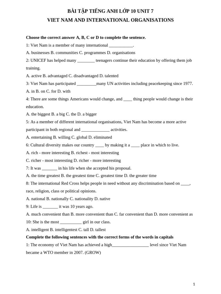 Bài Tập Tiếng Anh Lớp 10 Unit 7_hs | PDF | Unicef | United Nations