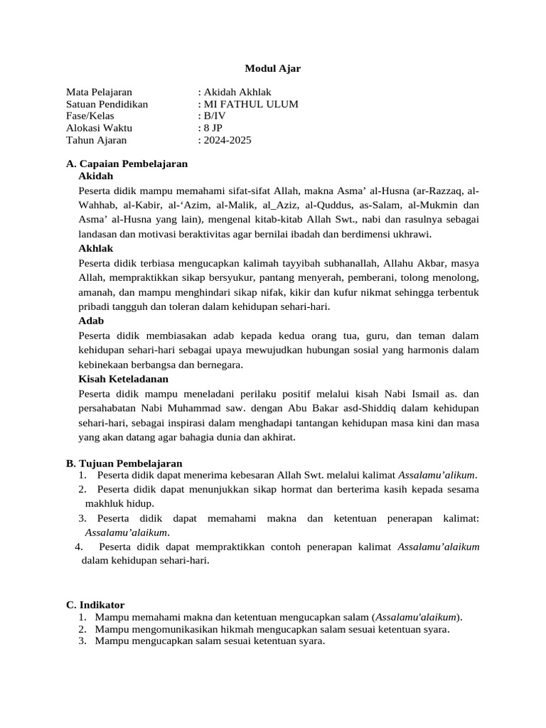 MODUL Akidah Akhlak IV -smt 2 | PDF