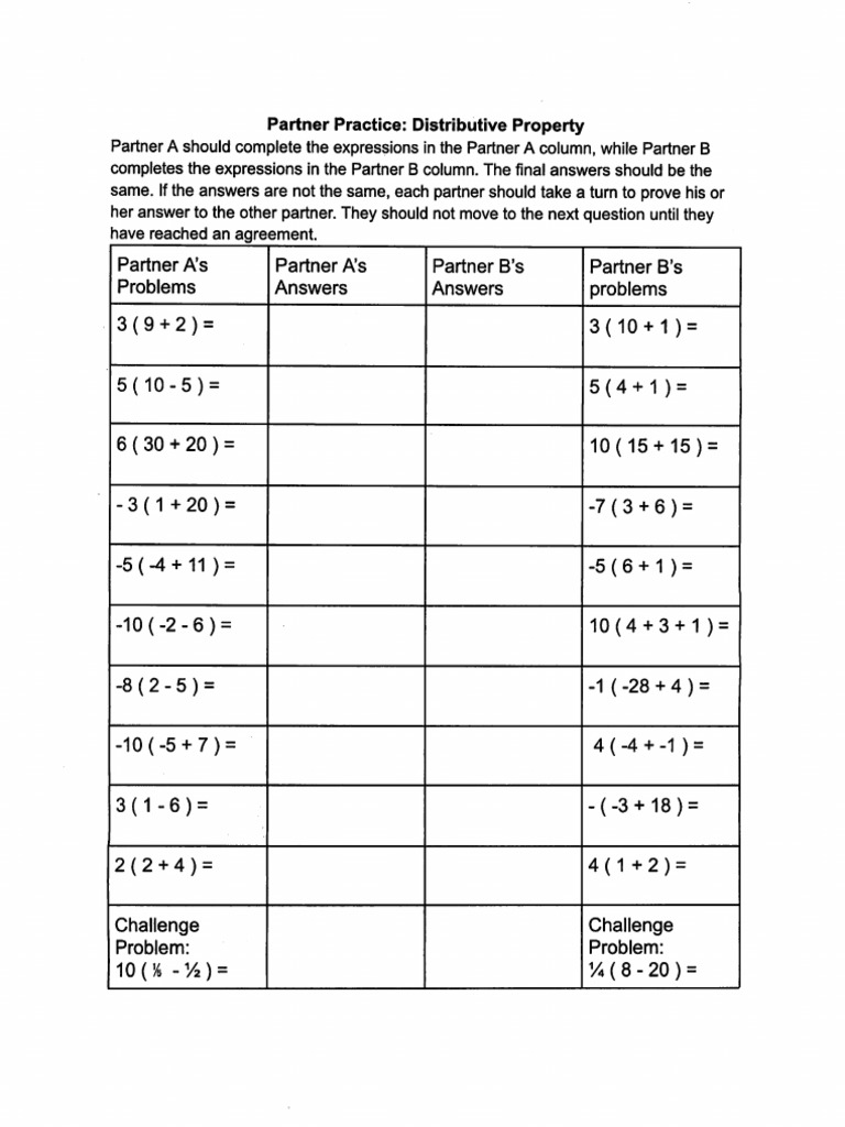 Distributive Property No Variables Partner Practice | PDF
