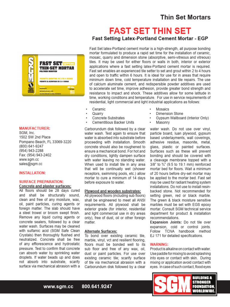 Fast Set Thin Set Mortar Guide | PDF | Concrete | Cement