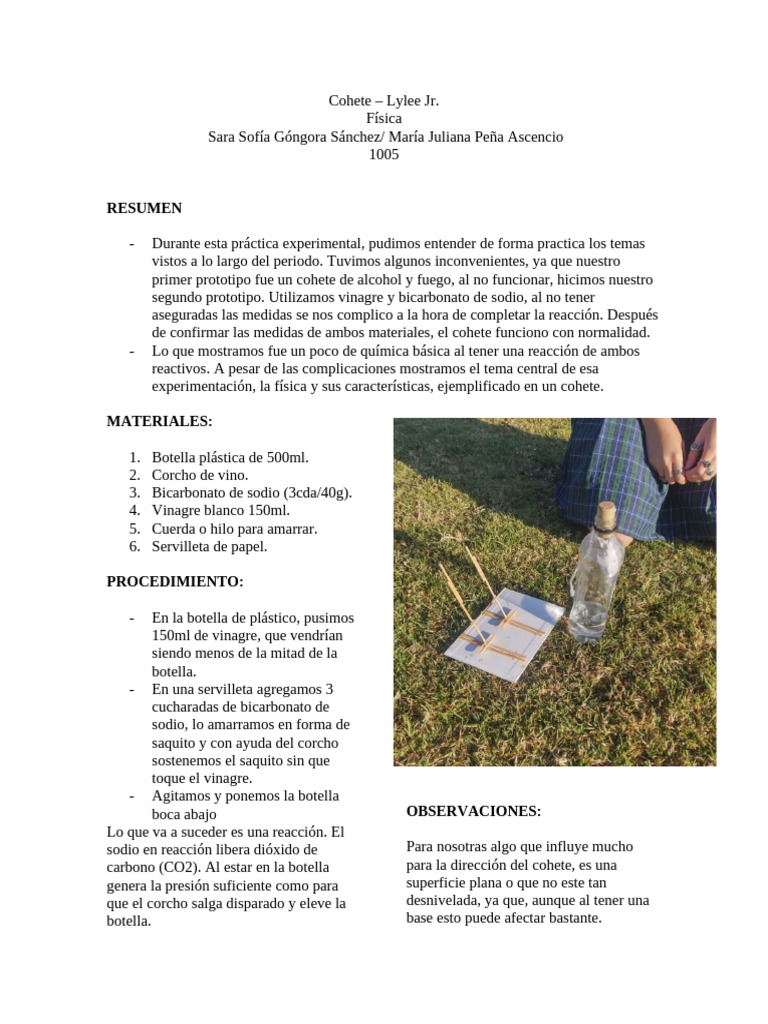 Cohete de Vinagre y Bicarbonato: Experimento | PDF | Ciencias fisicas