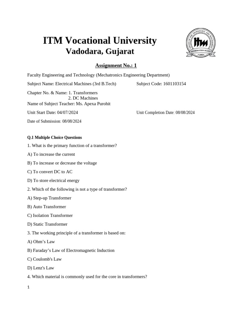 Electrical Machines Assignment 1 3rd Sem 2024-25 | PDF | Transformer | Electrical Equipment